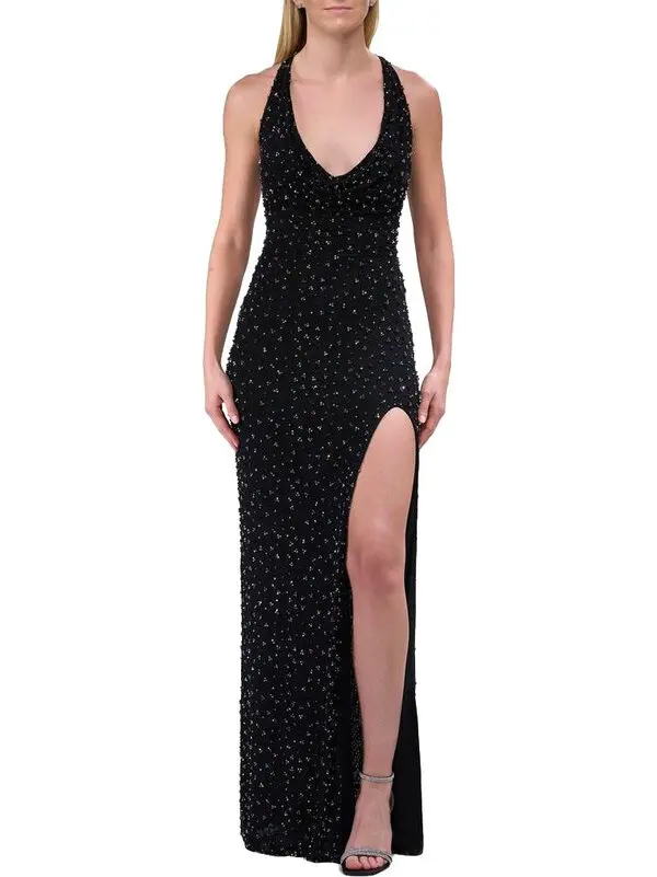 LABOMME Beaded Fitted Stretch Net Halter Gown - Black
