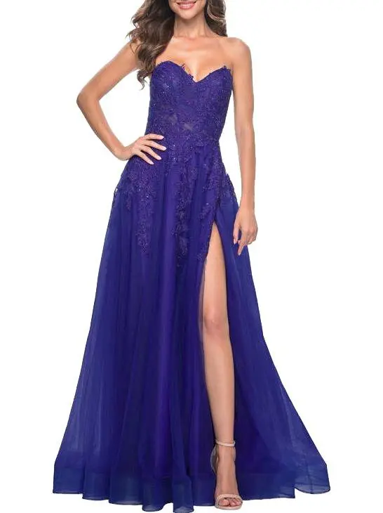 LABOMME Sweetheart Tulle Gown With Lace Applique - Indigo