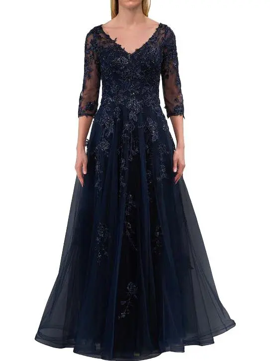 LABOMME A-line Tulle Gown With Beaded Lace Appliqu - Navy