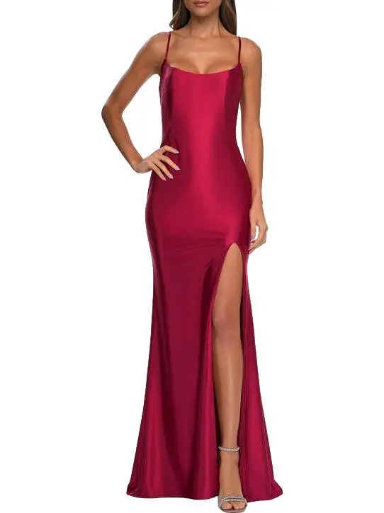 LABOMME Stretch Satin Dress With Illusion Mesh Back - Deep Red
