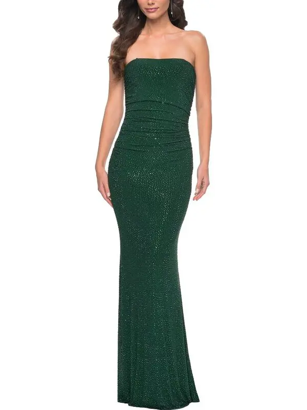 LABOMME Rhinestone Embellished Ruched Strapless Dress - Emerald