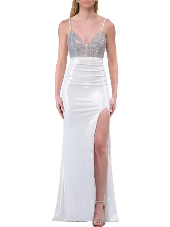 LABOMME Metallic Jersey Ruched Prom Dress With Rhinestone Bodice - Ivory