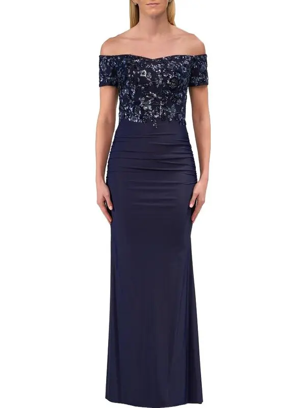 La Femme Off-the-shoulder Jersey Gown With Sequins - Navy