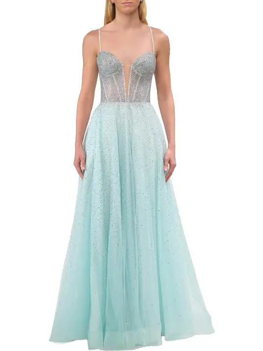 LABOMME Rhinestone Tulle A-line Gown With Corset Bodice - Arctic Blue