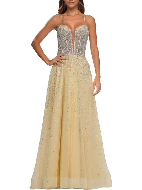 LABOMME Rhinestone Tulle A-line Gown With Corset Bodice - Pale Yellow