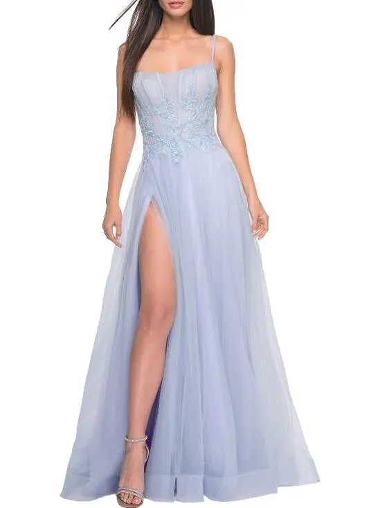 LABOMME Tulle A-line Gown With Beaded Lace And Slit - Light Periwinkle