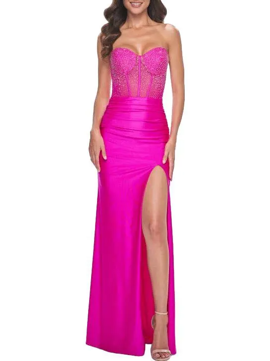 LABOMME Rhinestone Bustier Prom Gown - Hot Fuchsia