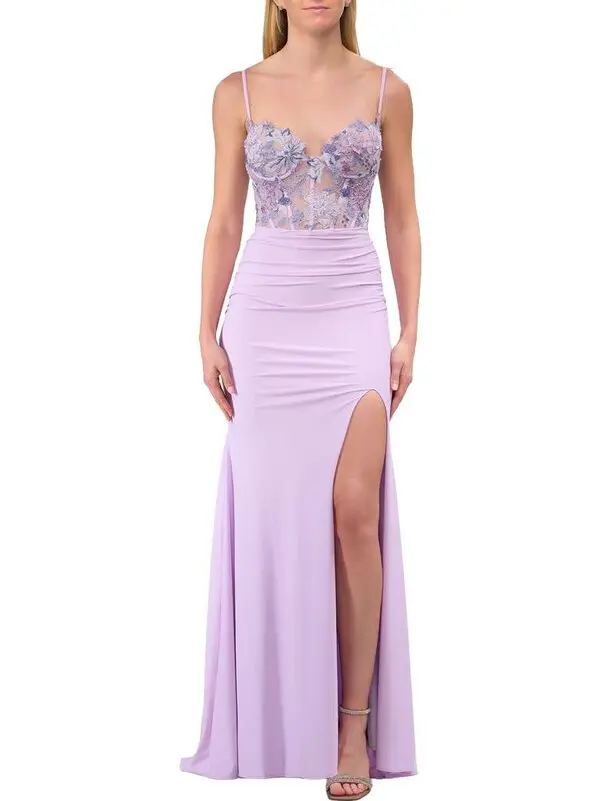 LABOMME Long Jersey Prom Dress With Lace Bodice - Lavender