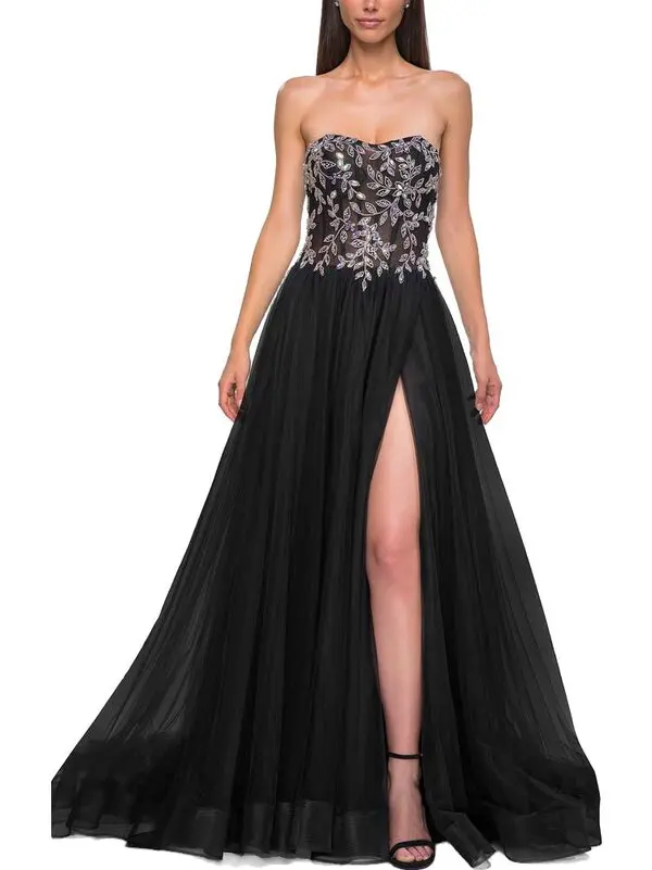 LABOMME A-line Tulle Gown With Beaded Floral Design - Black