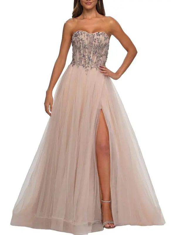 LABOMME A-line Tulle Gown With Beaded Floral Design - Blush