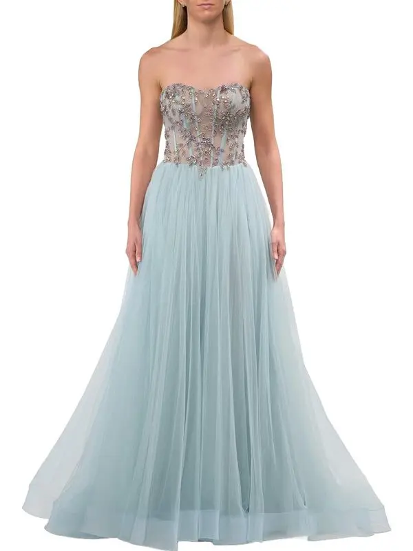 LABOMME A-line Tulle Gown With Beaded Floral Design - Dusty Blue