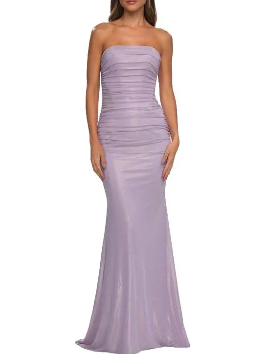 LABOMME Metallic Strapless Ruched Dress - Lavender