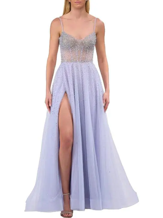 LABOMME Rhinestone Tulle A-line Prom Gown - Light Periwinkle