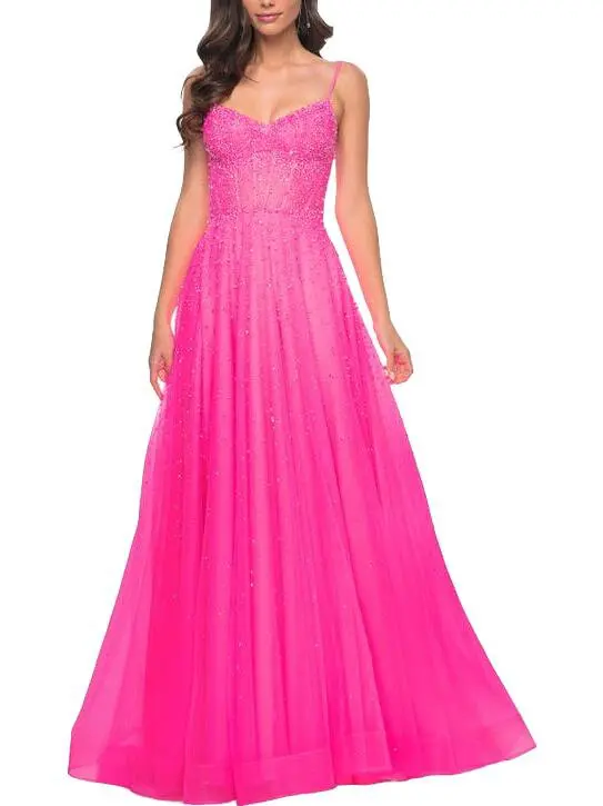 LABOMME Rhinestone Tulle A-line Prom Gown - Neon Pink