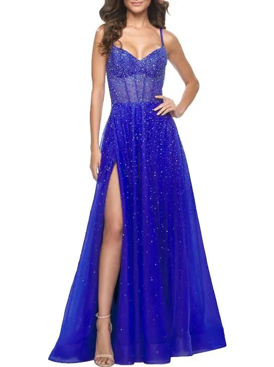 LABOMME Rhinestone Tulle A-line Prom Gown - Royal Blue