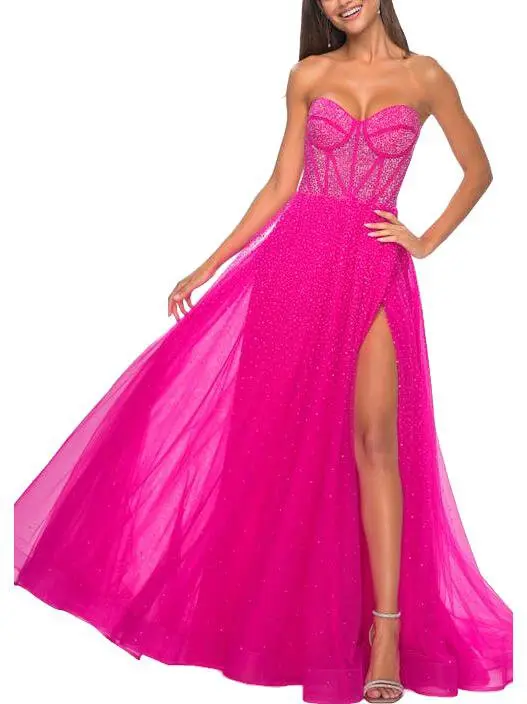 LABOMME Rhinestone Embellished Tulle Gown With Corset Top - Hot Fuchsia