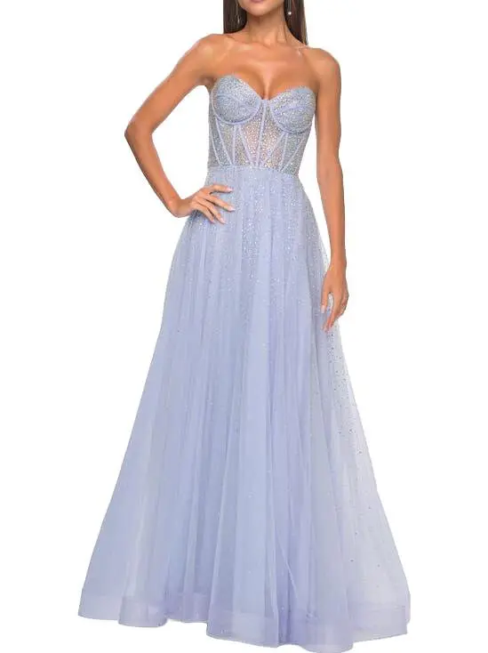 LABOMME Rhinestone Embellished Tulle Gown With Corset Top - Light Periwinkle
