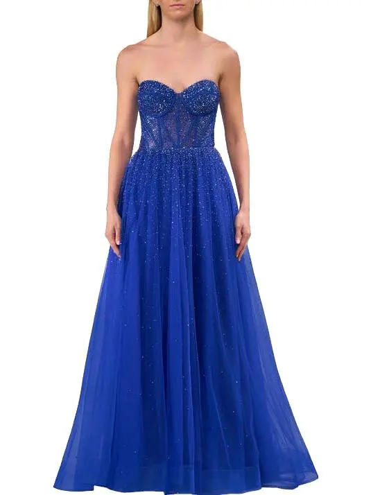 LABOMME Rhinestone Embellished Tulle Gown With Corset Top - Royal Blue