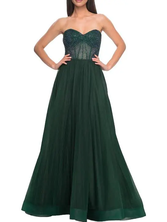 LABOMME Tulle A-line Ball Gown With Rhinestone Bodice - Dark Emerald