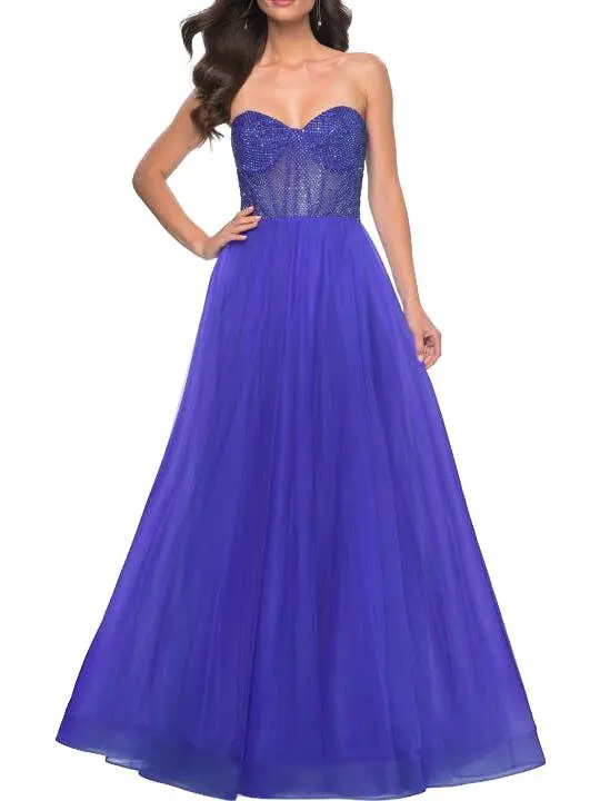 LABOMME Tulle A-line Ball Gown With Rhinestone Bodice - Royal Blue