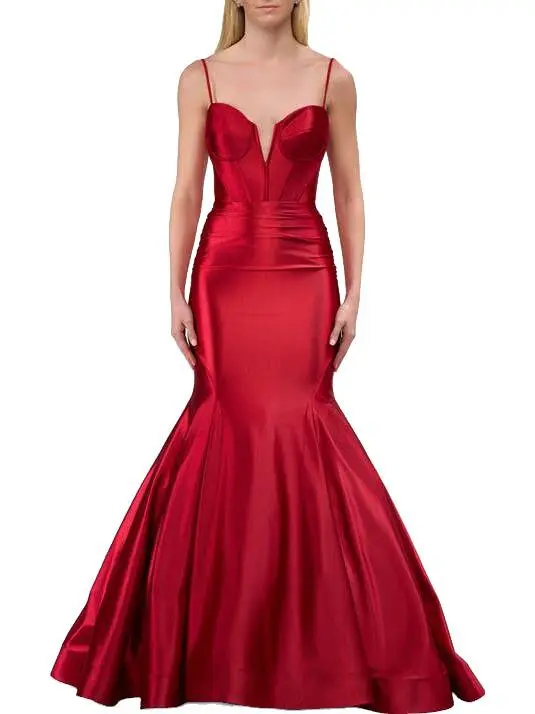 LABOMME Satin Mermaid Gown With Corset Top - Red