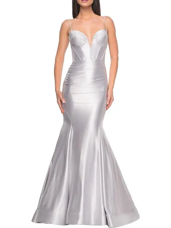 La Femme Satin Mermaid Gown With Corset Top - Silver
