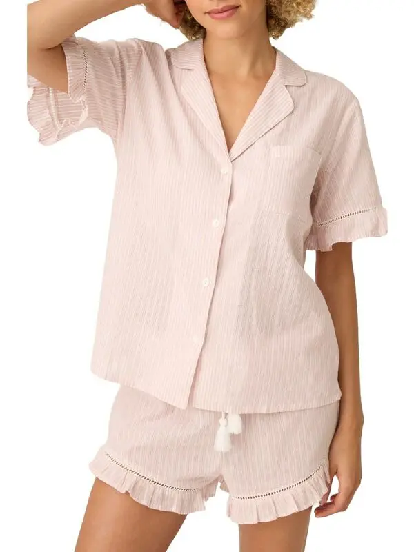 PJ Salvage Cotton Button-up Pajama Shirt With Ruffle Trim - Silver Rose