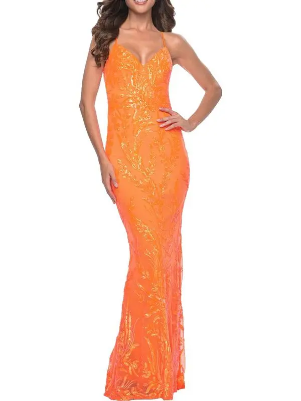 LABOMME Sequin Embellished Fitted Gown - Orange