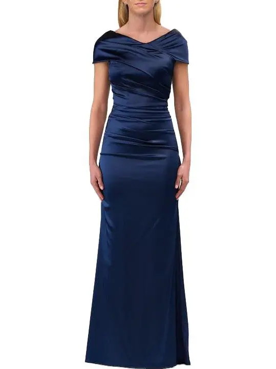LABOMME Off-the-shoulder Ruched Evening Gown - Navy