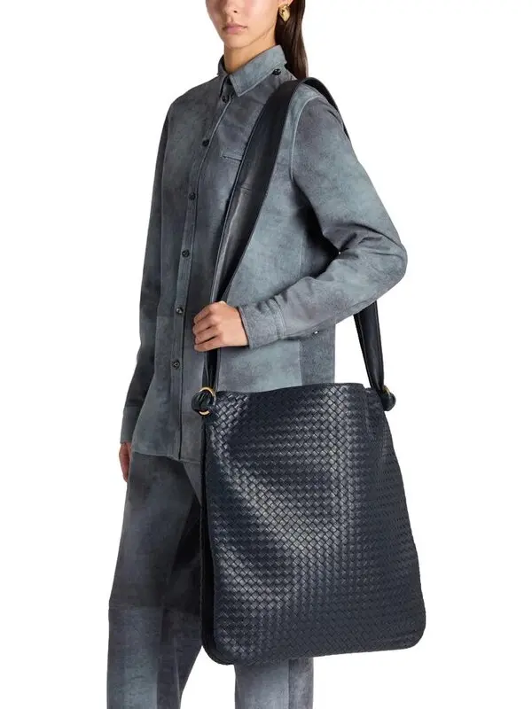 Bottega Veneta Corriere Intrecciato Leather Tote Bag - 4346 Midnight-brass V