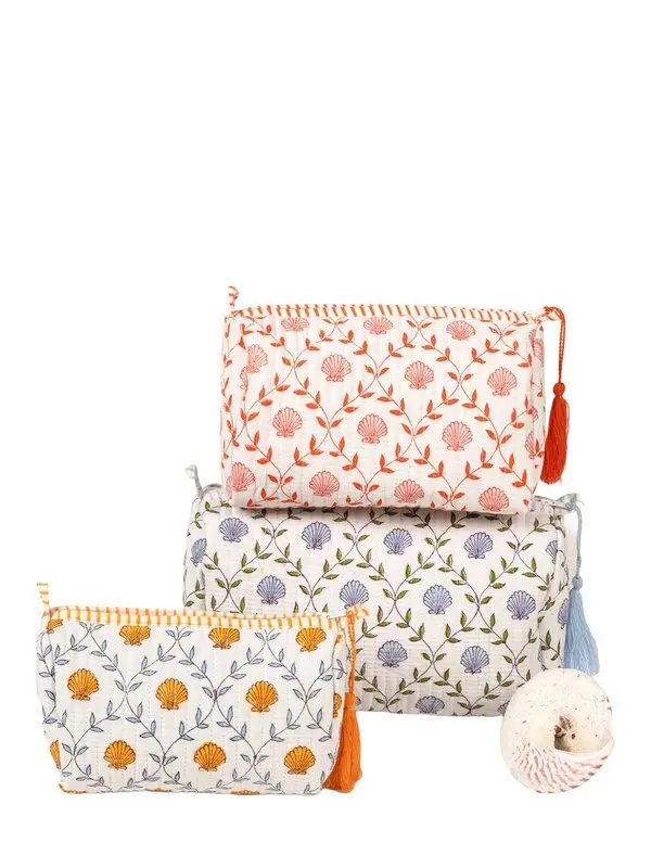 INNER CHILD Seashell Blockprint Makeup Bag Set Of 3 - Seashell Blue