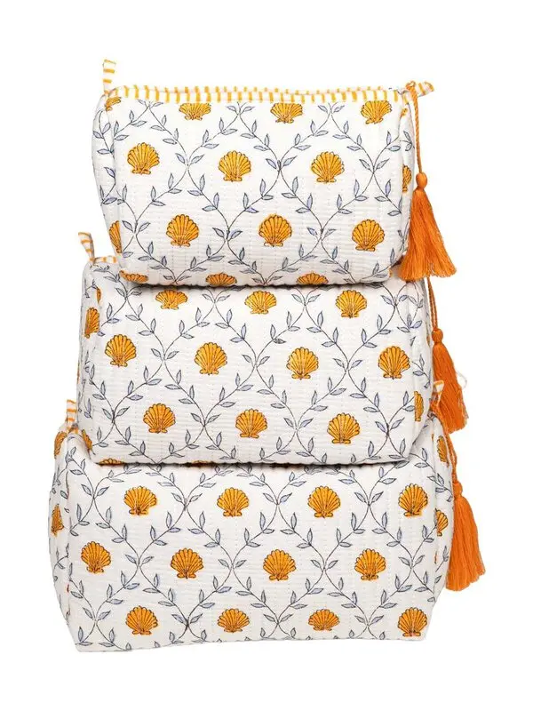 INNER CHILD Seashell Blockprint Makeup Bag Set Of 3 - Seashell Orange