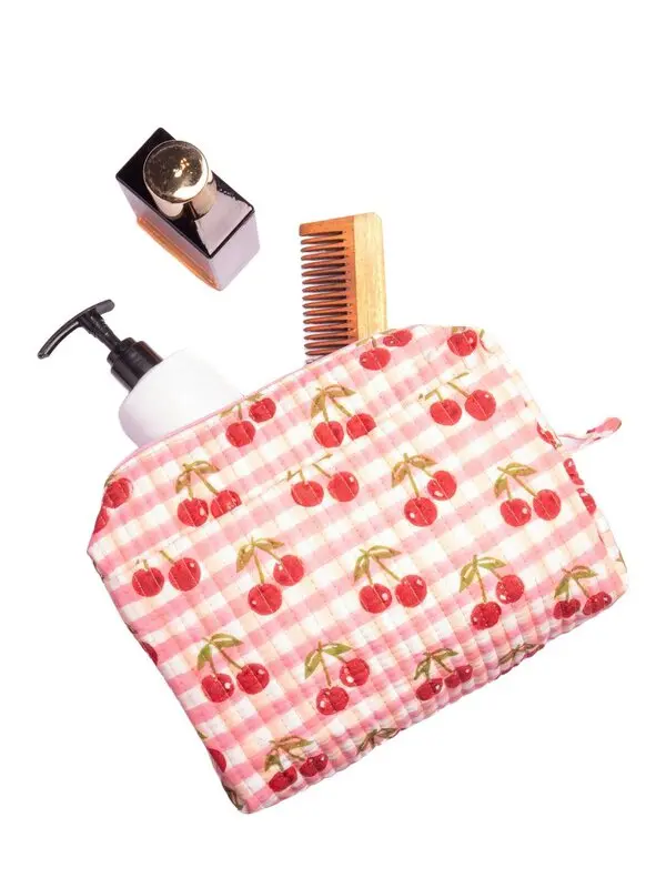 INNER CHILD Blockprint Cherry Makeup Bag - Red Gingham - Medium