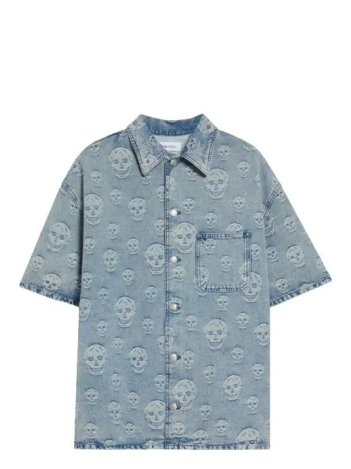Alexander McQueen Skull Print Short Sleeve Denim Button-up Shirt - Sapphire