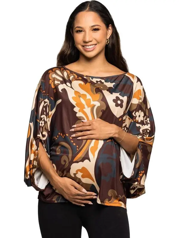 24SEVEN COMFORT APPAREL Maternity Paisley Print Dolman Sleeve Top - Brown Multi