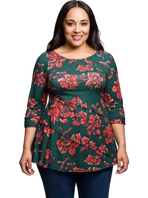 24SEVEN COMFORT APPAREL Curvy Essential Three Quarter Sleeve Tunic Top - Orange Multi