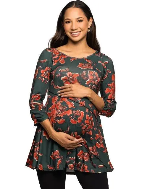 24SEVEN COMFORT APPAREL Maternity Essential Floral Print Tunic Top - Green Multi