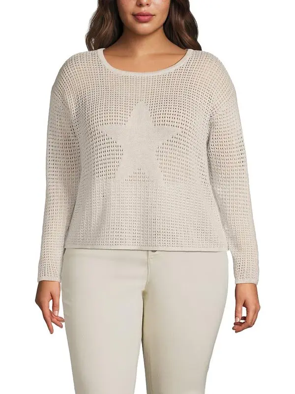 LANDS' END Cotton Viscose Mesh Jacquard Crew Neck Sweater - Oatmeal Snow Heather