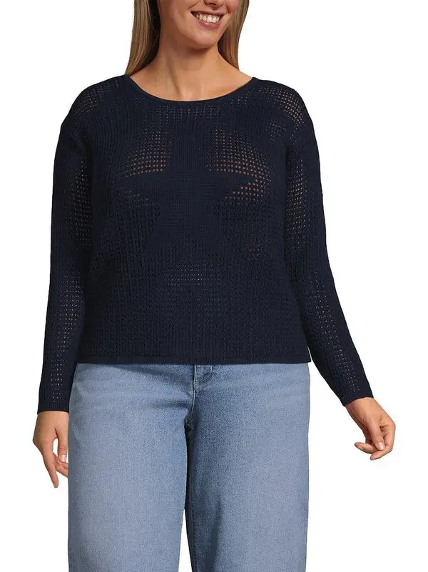 LANDS' END Cotton Viscose Mesh Jacquard Crew Neck Sweater - Radiant Navy