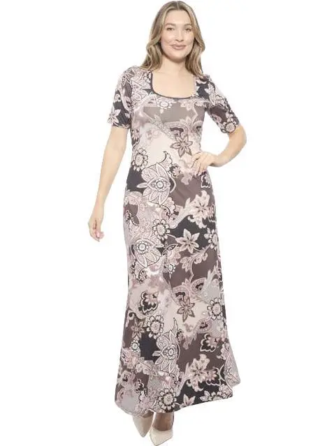 24SEVEN COMFORT APPAREL Paisley Print Maxi Dress - Brown Multi