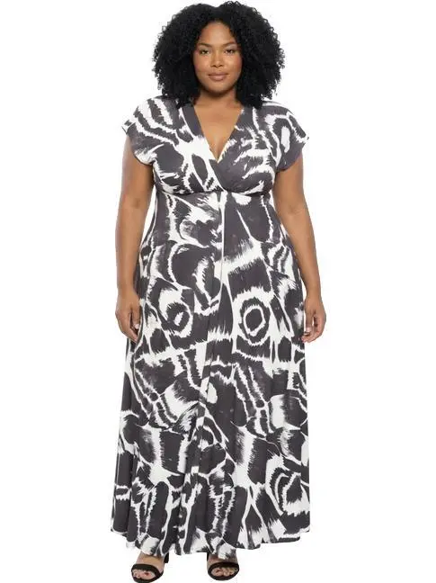 24SEVEN COMFORT APPAREL Curvy Essential Abstract V-neck Empire Waist Maxi Dress - Black Multi