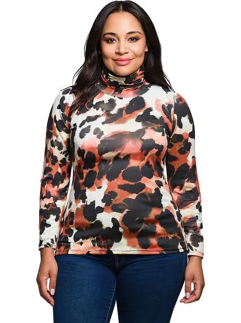 24SEVEN COMFORT APPAREL Curvy Essential Long Sleeve Turtleneck Top - Brown Multi