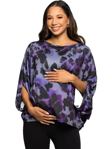 24SEVEN COMFORT APPAREL Maternity Animal Print Boat Neck Dolman Sleeve Top - Purple Multi