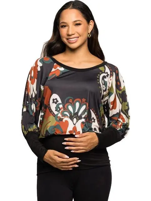 24SEVEN COMFORT APPAREL Maternity Paisley Print Dolman Sleeve Top - Green Multi