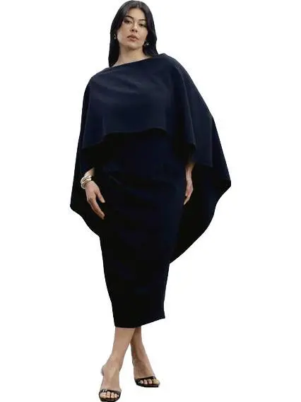 11 HONORE Structured Cape Midi Dress - Black Beauty