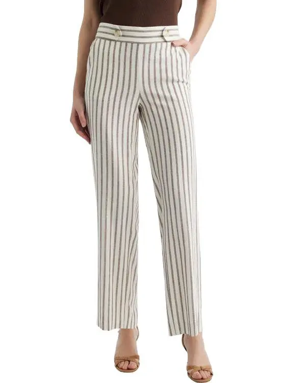 Anne Klein Stripe High-waist Straight-leg Pants - White Dove/dark Chocolate