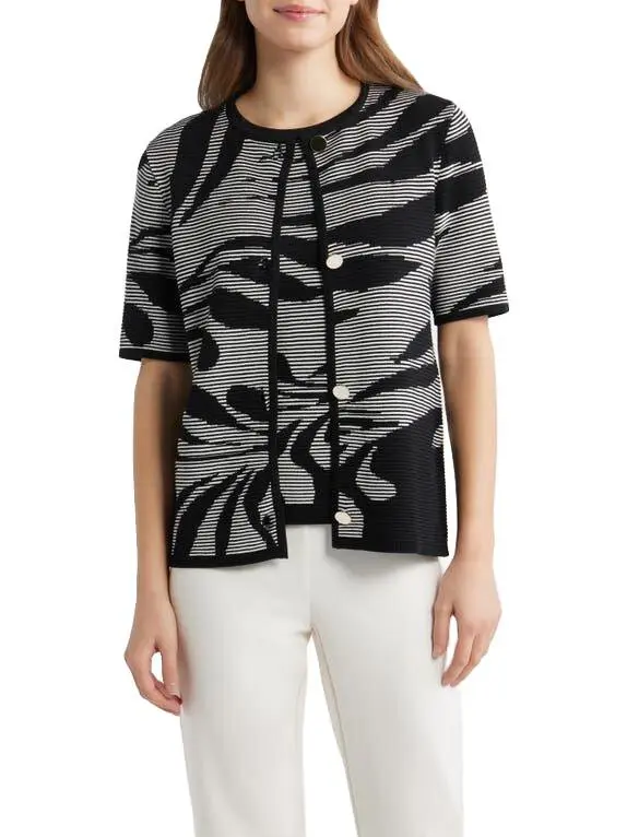 Anne Klein Ottoman Jacquard Short Sleeve Cardigan - Anne Black/white Dove