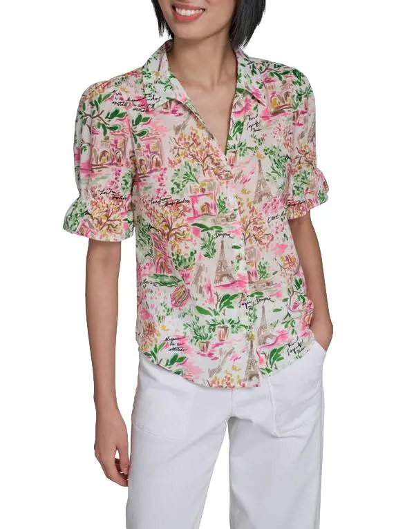 Karl Lagerfeld Paris Printed Puff Sleeve Shirt - Soft White/pink Carnation
