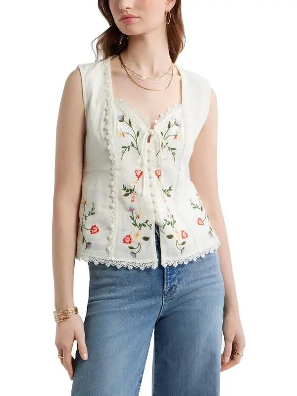 Treasure & Bond Embroidered Sleeveless Top - Ivory Multi
