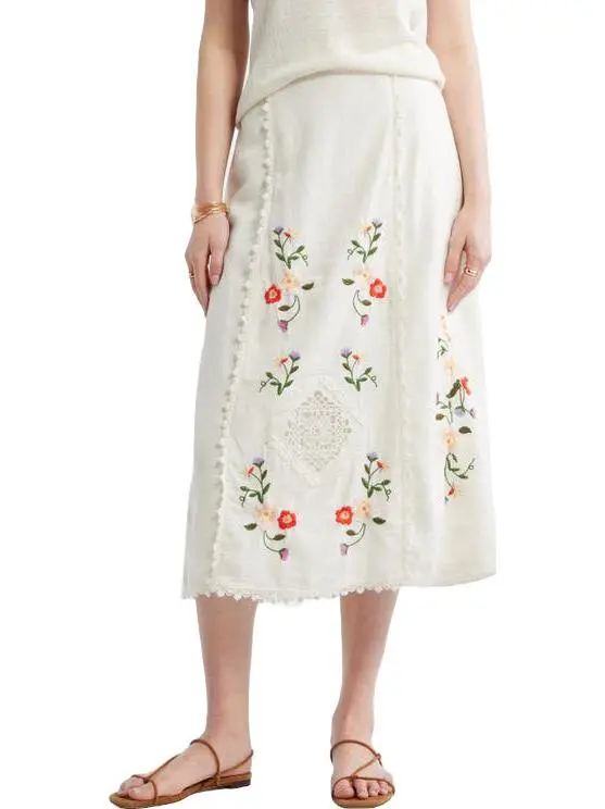 Treasure & Bond Embroidered Cotton Eyelet Midi Skirt - Ivory Multi Embroidery